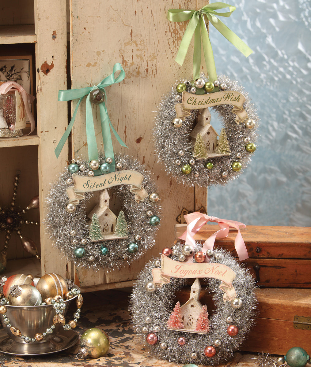 Christmas Pastel Tinsel Wreaths with Church – Bethany Lowe Designs, Inc.